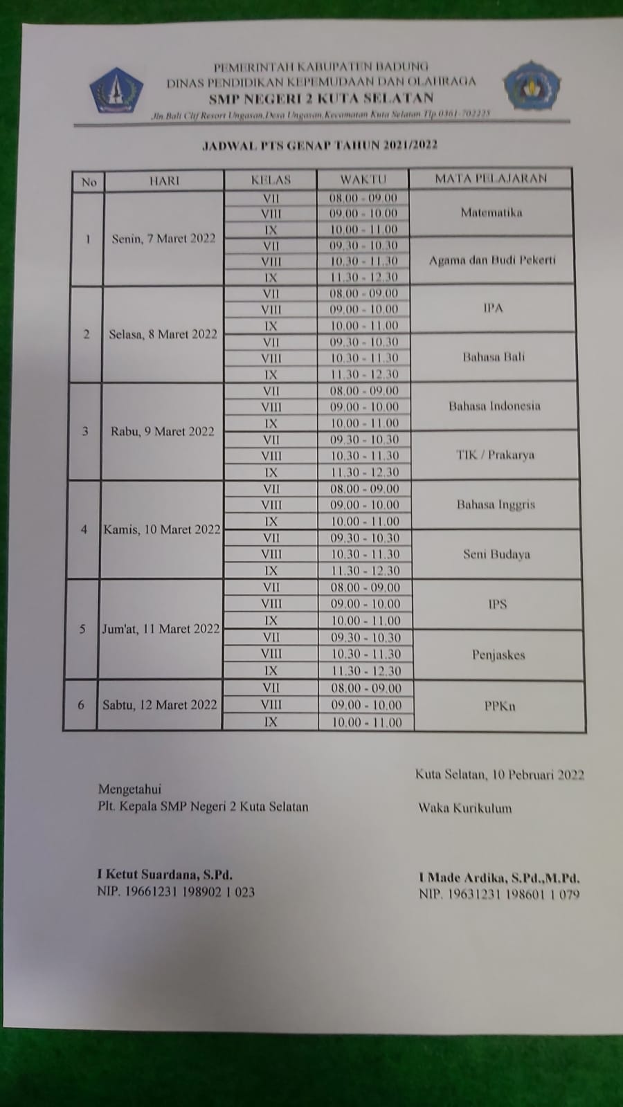 JADWAL PTS GENAP 2021/2022 – SMP NEGERI 2 KUTA SELATAN